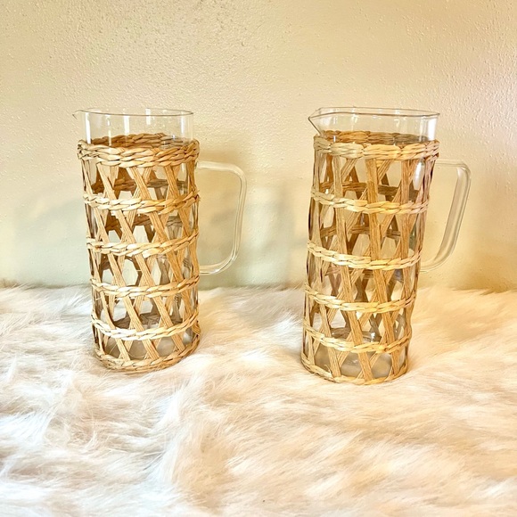 Dining | 2 Wicker Rattan Woven Glass Pitchers | Poshmark